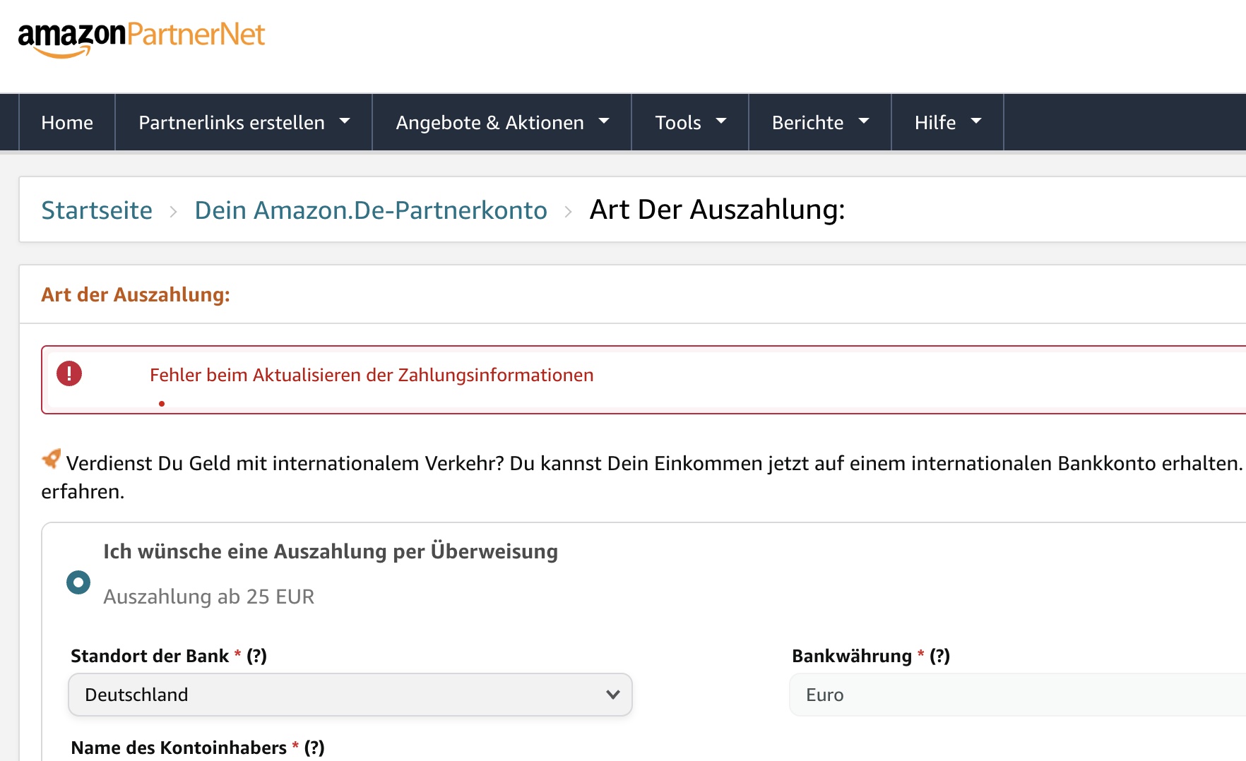 Amazon Partnernet: "Fehler beim Aktualisieren der Zahlungsinformationen ...
